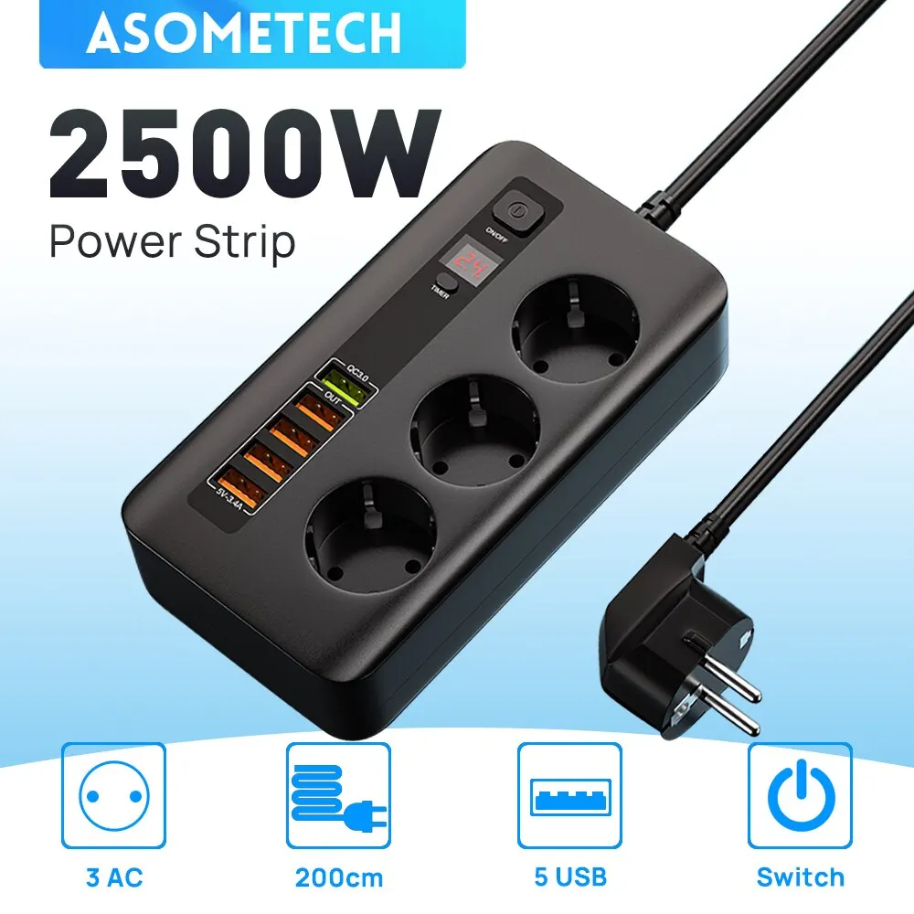 ASOMETECH EU Power Strip European Plug Strip 2500W Extension Socket ...