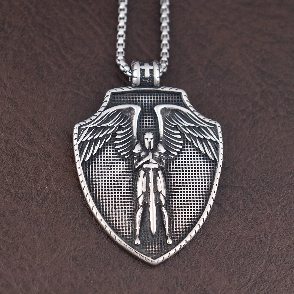 Stainless-Steel-Vintage-St-Michael-s-Shield-Pendant-Chain-Gifts-Classic ...