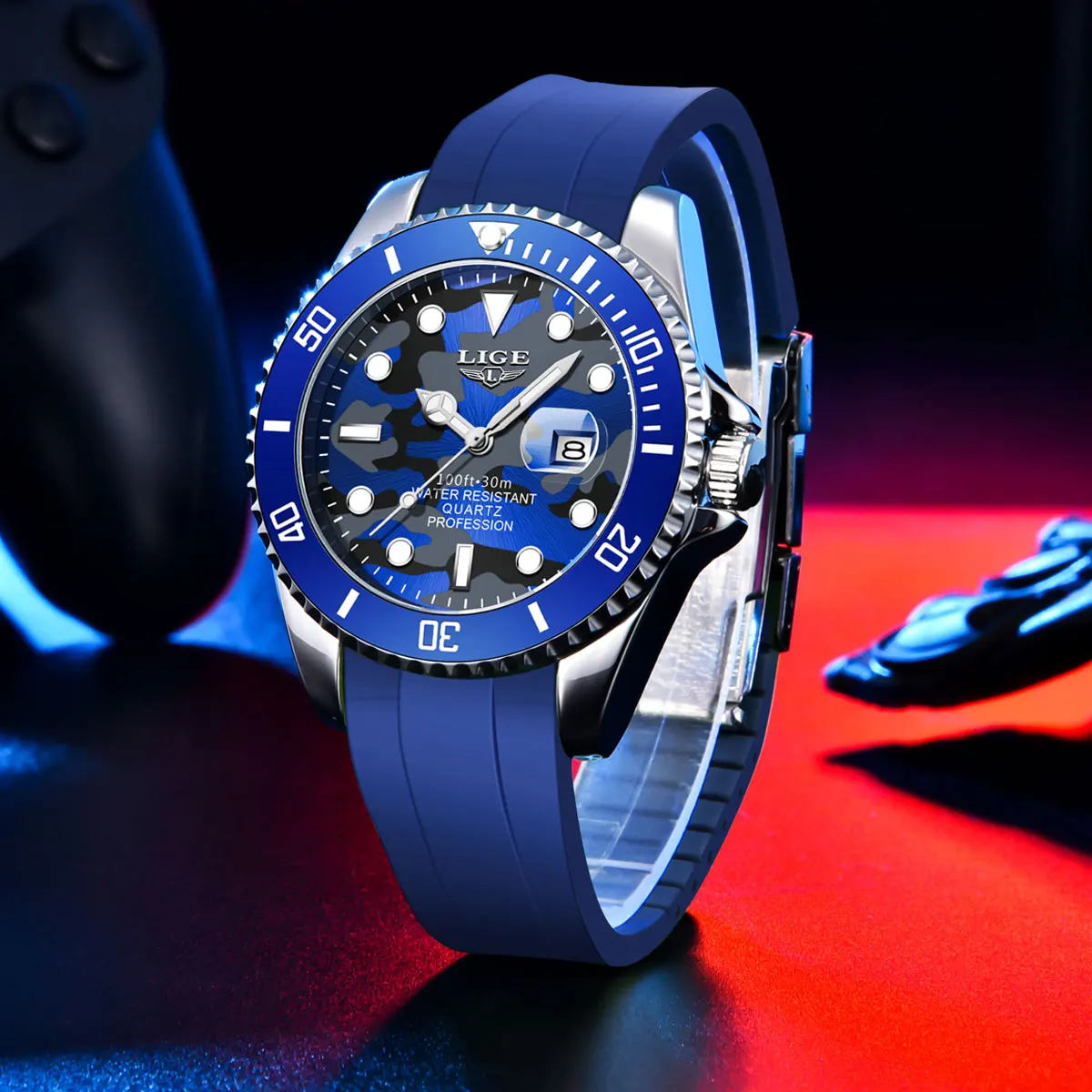 LIGE-Creative-Navy-Blue-Camouflage-Man-Watch-Luminous-Date-3ATM ...