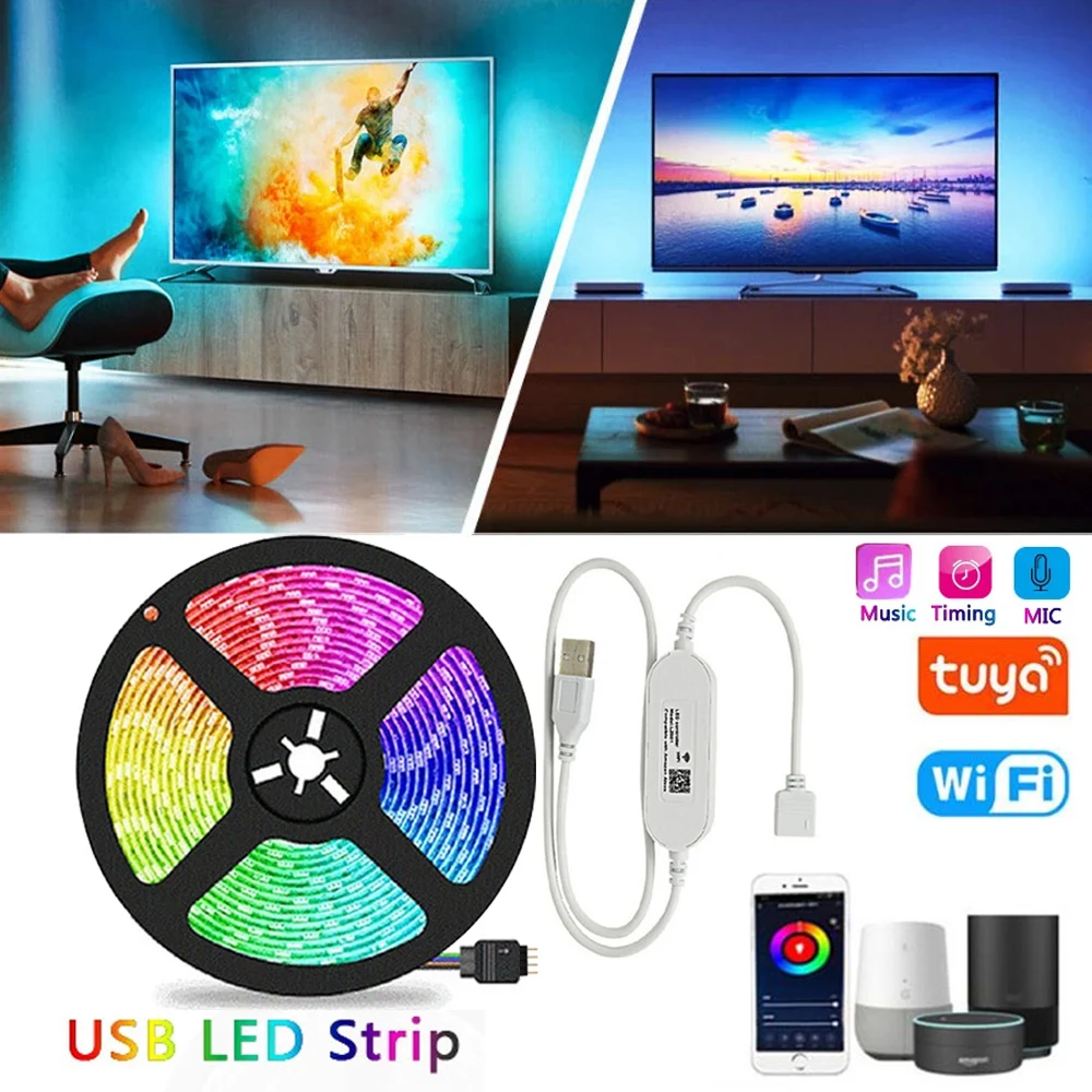 RGB USB LED Strip Light, TV Luzes de fundo, Tuya WiFi Controller, Alexa ...