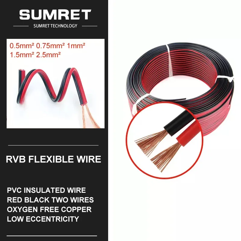 Fil électrique isolé à 2 broches, câblage flexible, rouge, noir, câble ...