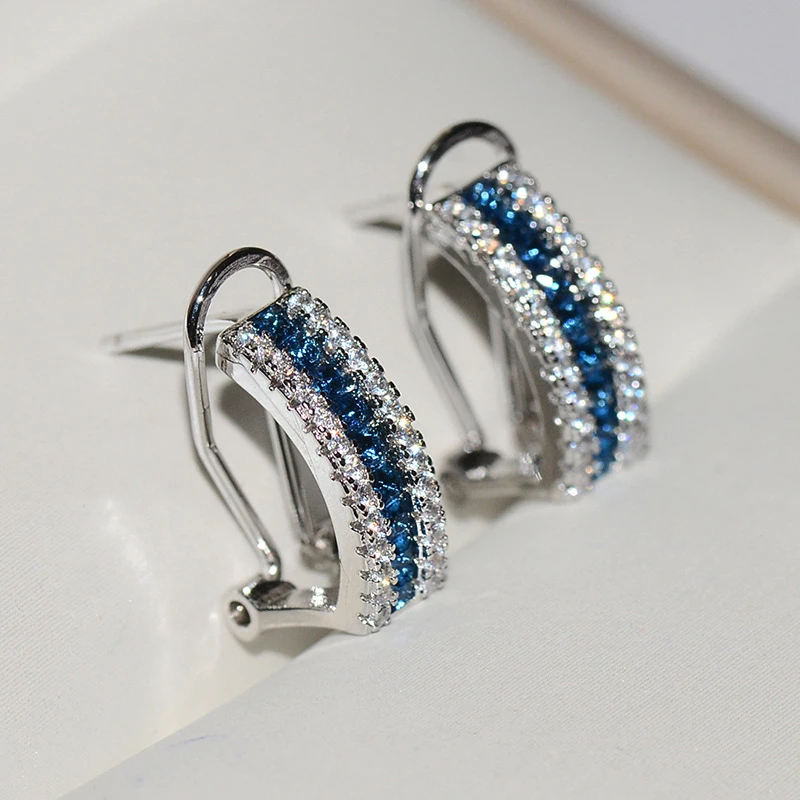 Blue/White AAA Cubic Zirconia S925 Stamp Stud Earring Simple Rainbow ...