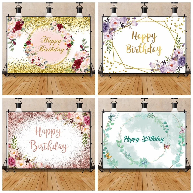 Custom-Name-Gold-Glitter-Dots-Watercolor-Flowers-Happy-Birthday-Banner ...
