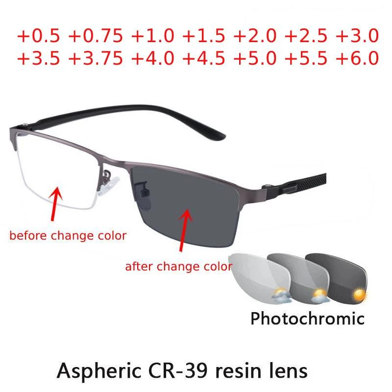 Photochromism Finished Hyperopia Eyeglasses Half Metal Frames Reading ...