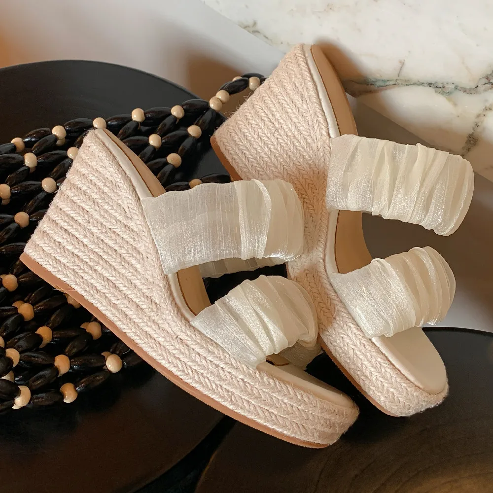 Women's yarn breathable wedge platform high heel sandals pleated band ...