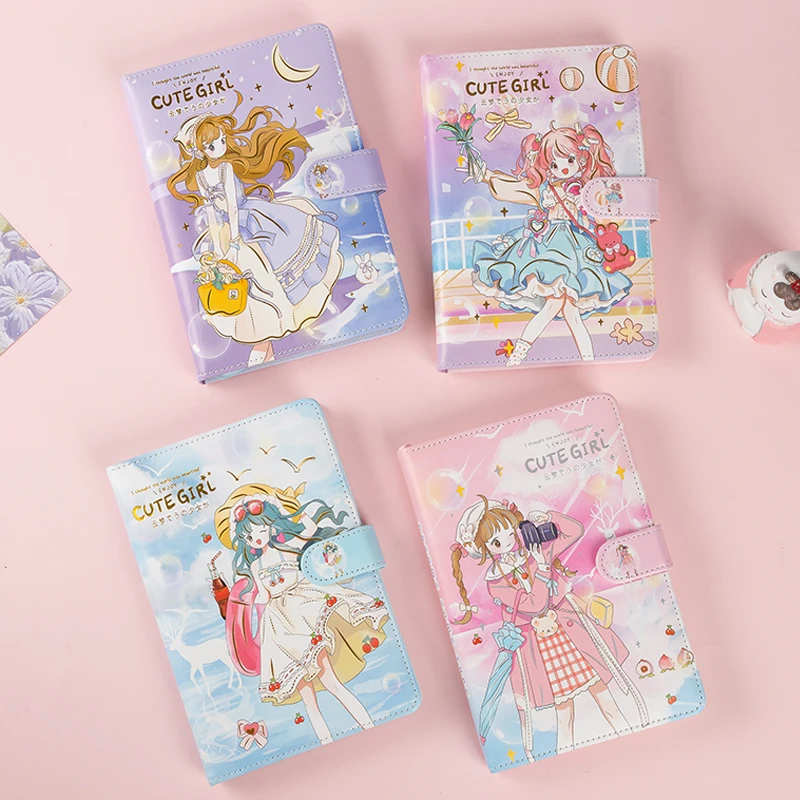 Cute Girl Cartoon Handwritten Journal PU Leather Cover Kawaii Daily ...