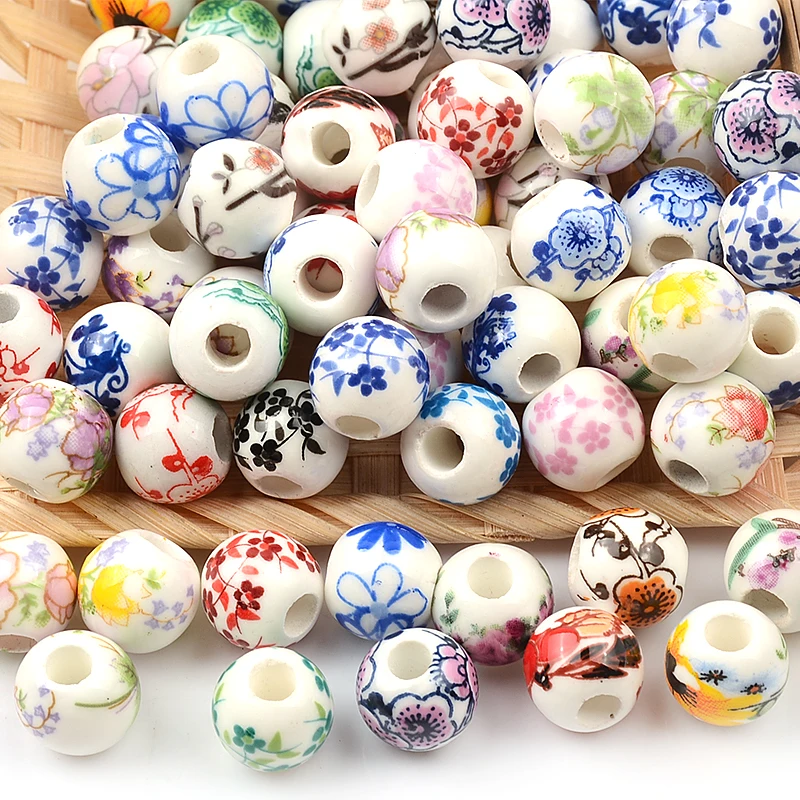 20Pcs-10mm-Chinese-Printing-Flower-Big-Hole-Beads-Ceramic-Beads ...