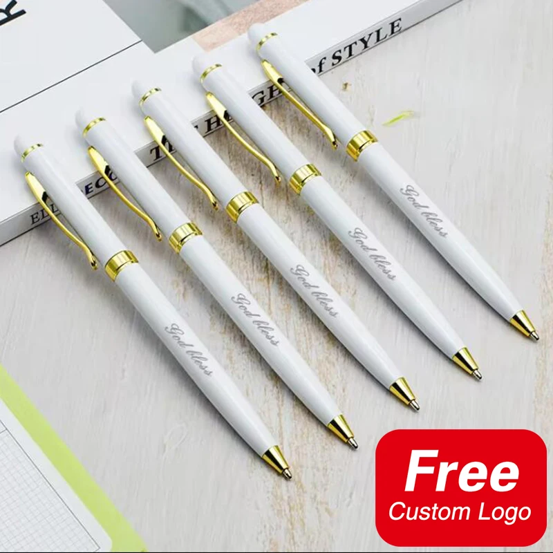 5Pcs-White-Color-Metal-Ballpoint-Pen-Rotating-Design-with-Gold-Clip ...
