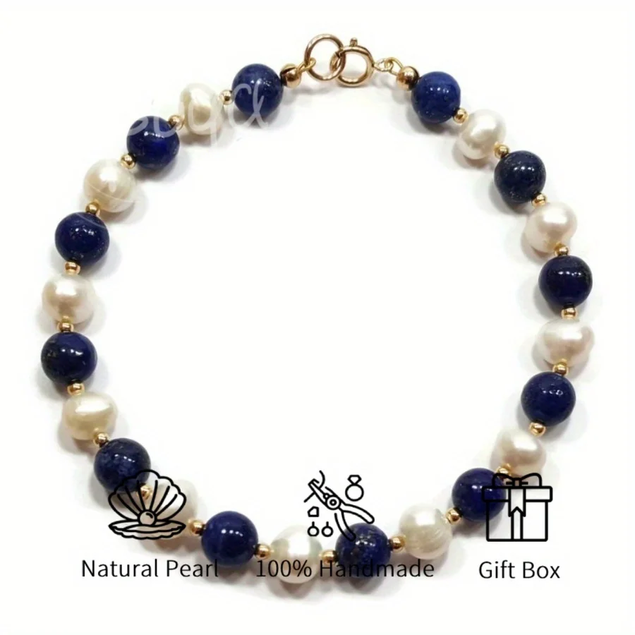 Mysoya White Freshwater Pearl Lapis Lazuli Bracelet 6-7mm with Gift Box ...