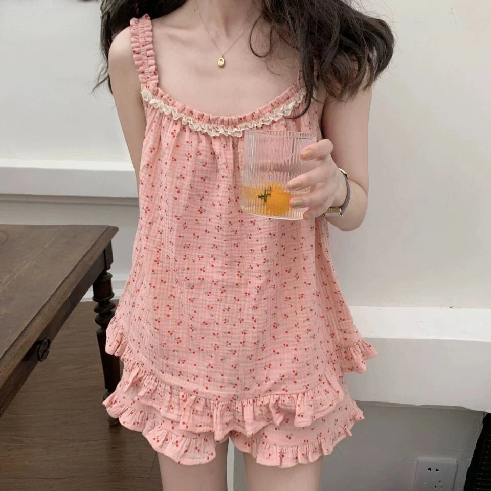 여성용 스파게티 스트랩 잠옷 세트 체리 프린트 반바지 러플 달콤한 소녀 캔디 컬러 잠옷 아늑한 캐주얼 라운지 힙스터 핫