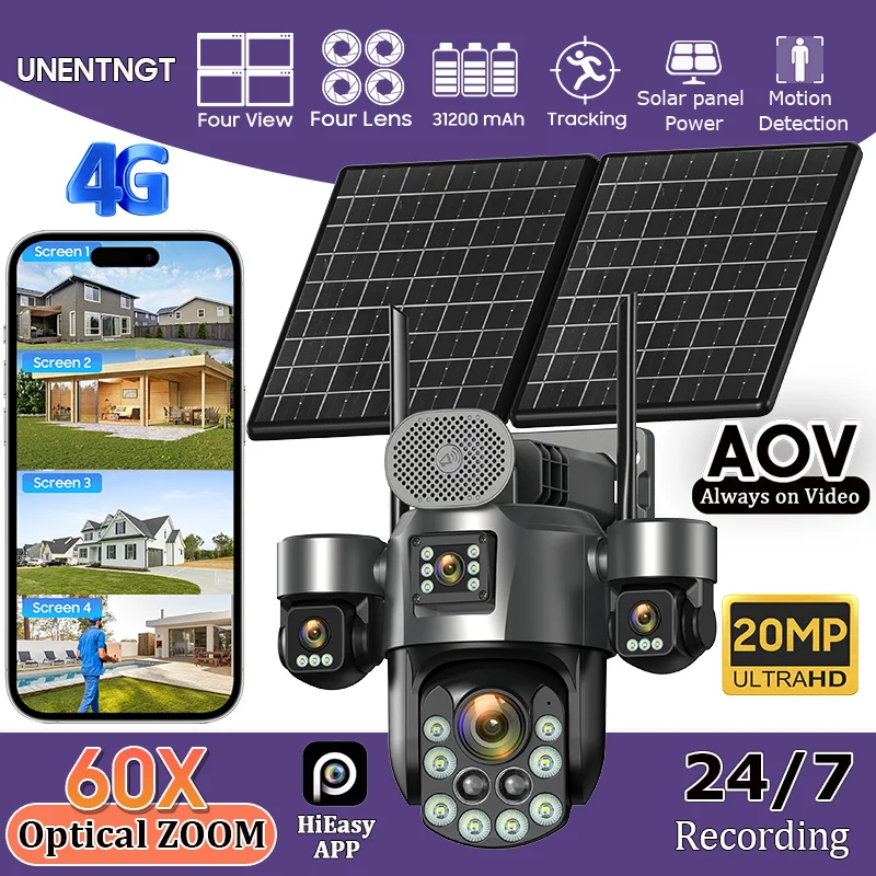 4G SIM Solar Security Camera Outdoor 4 Lens/Screen 60X Optical Zoom ...