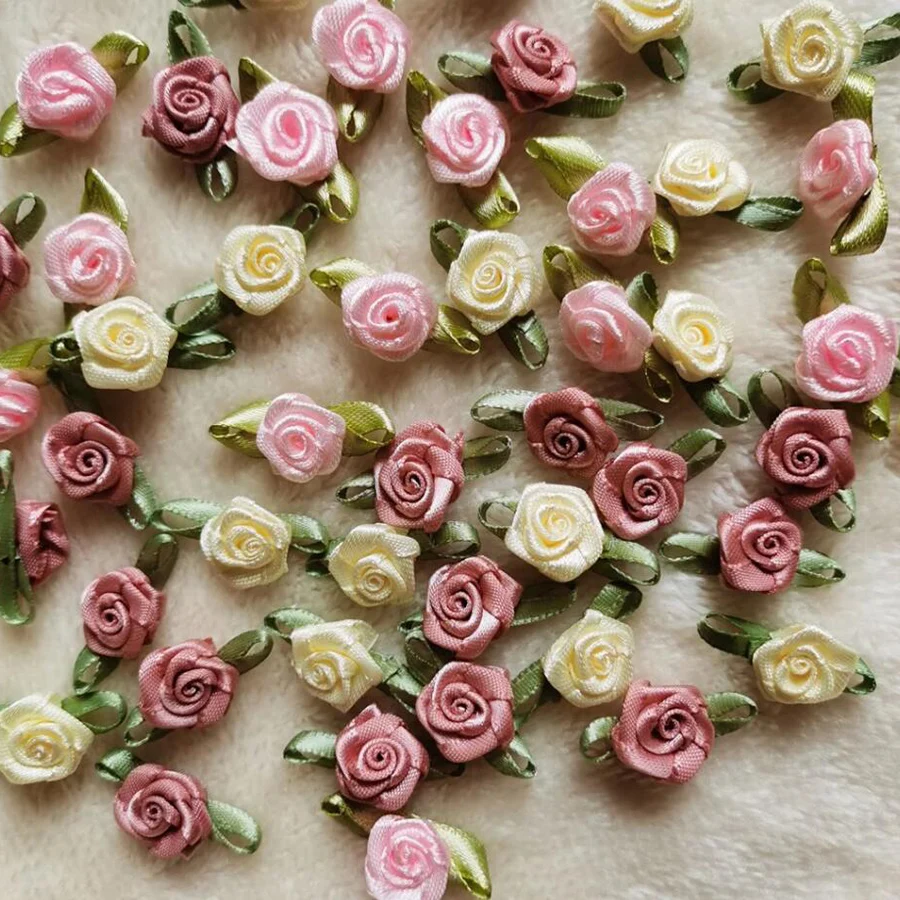 100Pcs Mini Rose Flowers Heads Patch Make Satin Appliques Handmade DIY ...