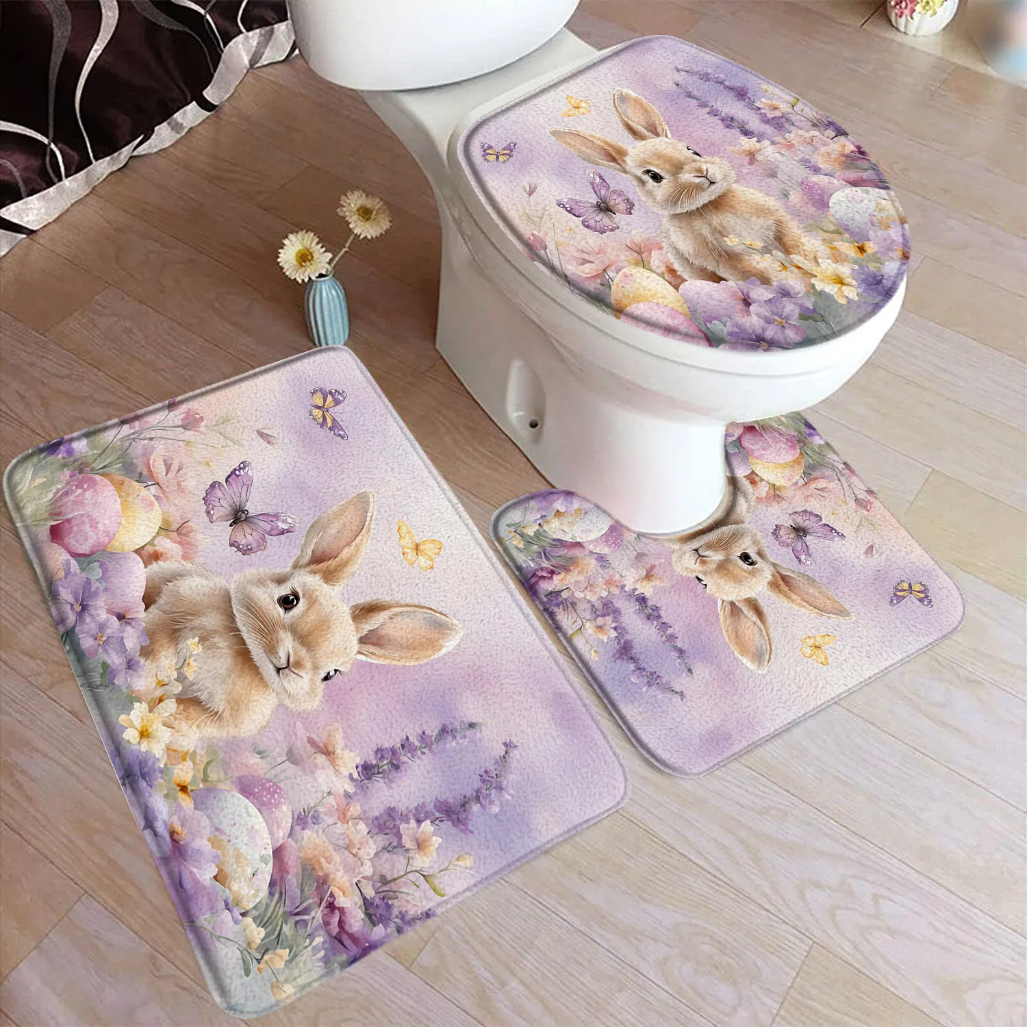 Cute Bunny Easter Bath Mat Set Purple Lavender Floral Butterfly Rabbit ...