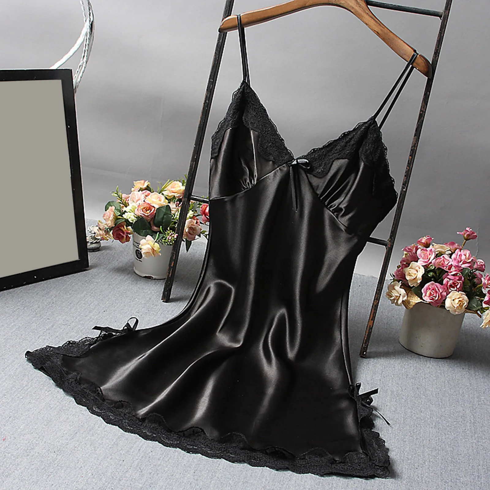 Women's Satin Nightgown Spaghetti Straps Sleep Dress Sexy V Neck ...