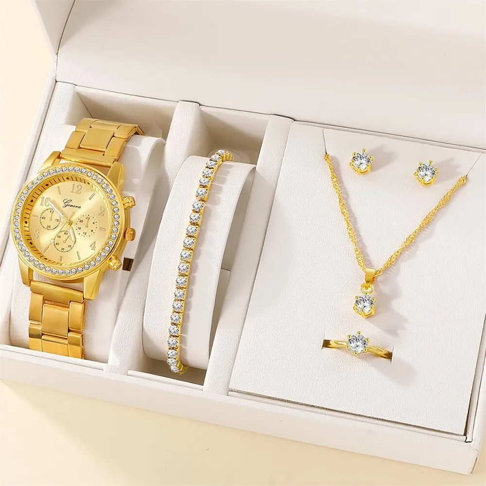 6PCS Set Luxury Watch Women Ring Necklace Earring Rhinestone Fashion ...