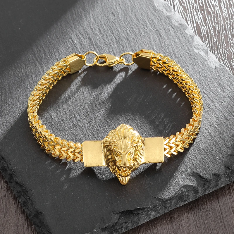 Fashion-Gold-Color-Lion-King-Stainless-Steel-Braided-Chain-Bracelet ...