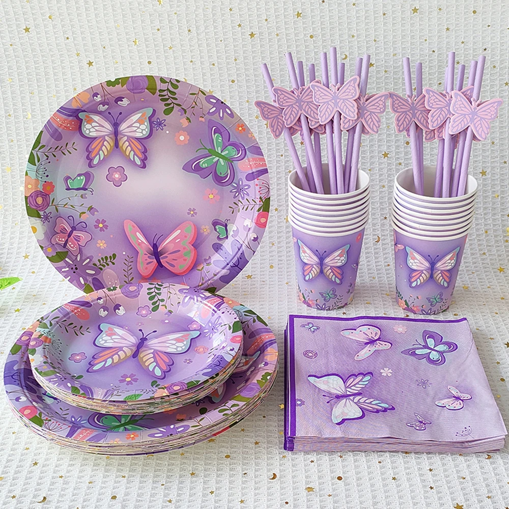 80pcs-Purple-Butterfly-Disposable-Tableware-Set-for-Butterfly-Theme ...