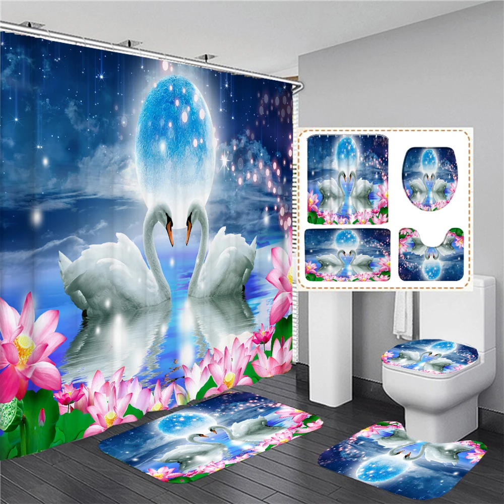 3D-Flowers-and-Birds-Print-Shower-Curtain-Set-Moonlight-Swan-Bathroom ...