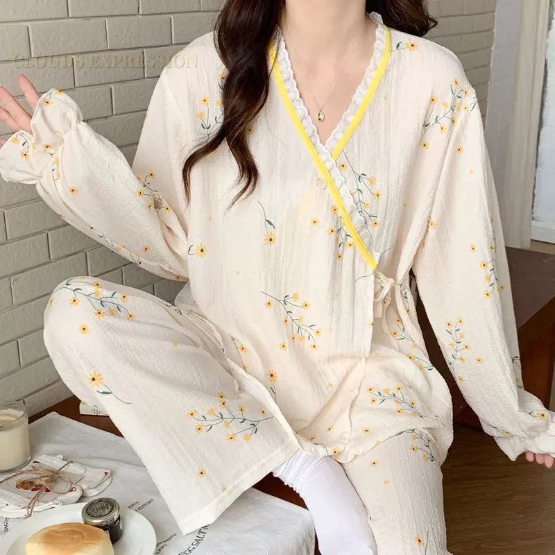 Spring-Fresh-Style-Elegant-Women-Pajama-Sets-Girls-Pyjamas-Lapel-Crepe ...