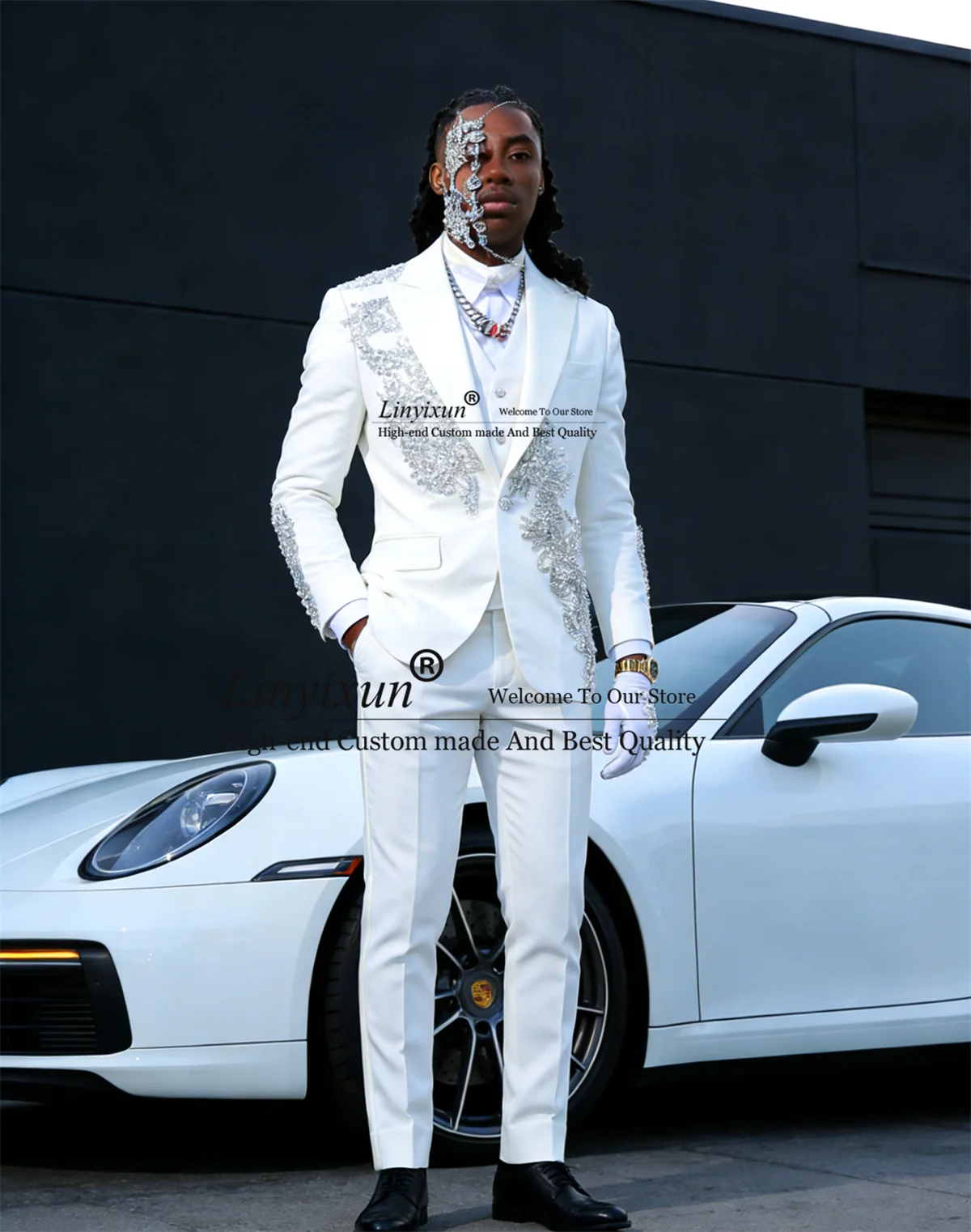 Elegant Appliques Men Suits 3 Pieces Sets Male Party Prom Blazer High ...