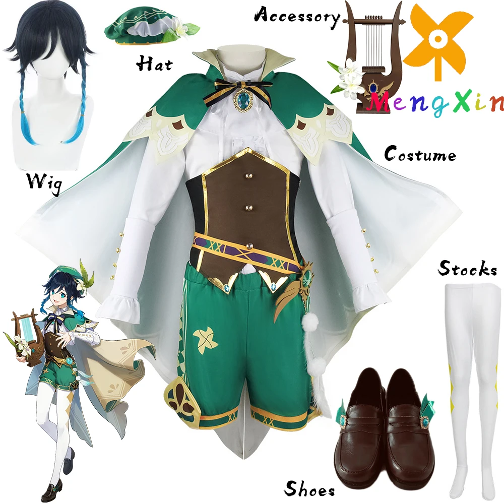 MengXin Genshin Impact Venti disfraz de Cosplay, peluca, pelo, Lolita, vestido lindo, zapatos ...