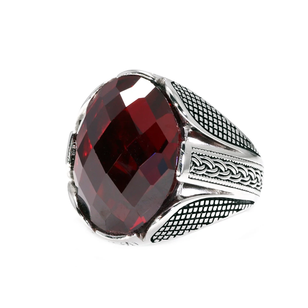 Real Pure 925 Sterling Silver Rings With Red Color Zircon Stone Faceted ...