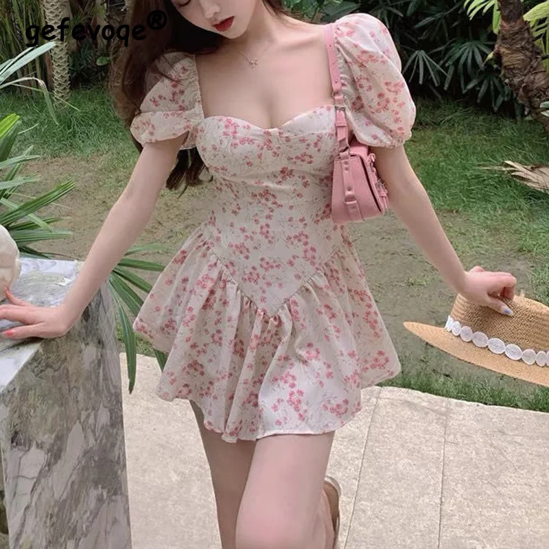 여름 달콤한 우아한 꽃 인쇄 여성 캐주얼 뻗 치고 퍼프 슬리브 요정 드레스 여성 오프 어깨 높은 허리 미니 드레스 가운