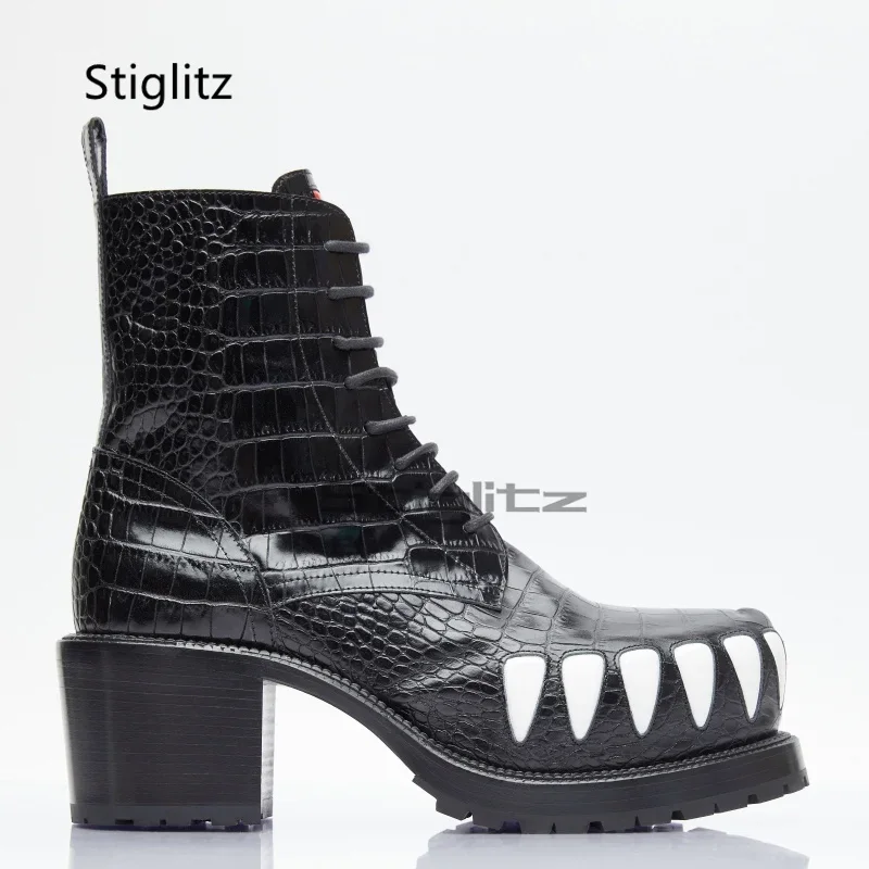 Black Chunky Heels Leather Ankle Boots for Men Lace Up Genuine Short ...