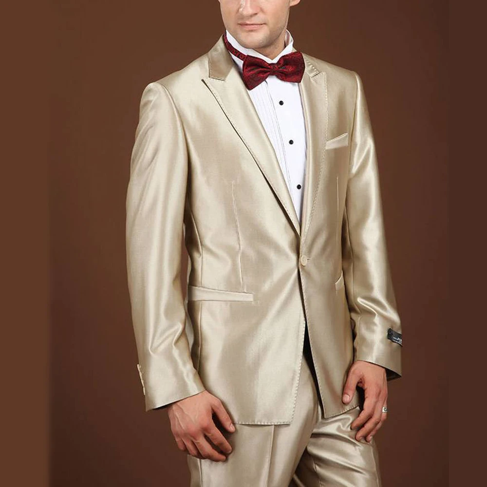 Champagne Satin Men Suits Fashion Peak Lapel One Button Male Blazer ...
