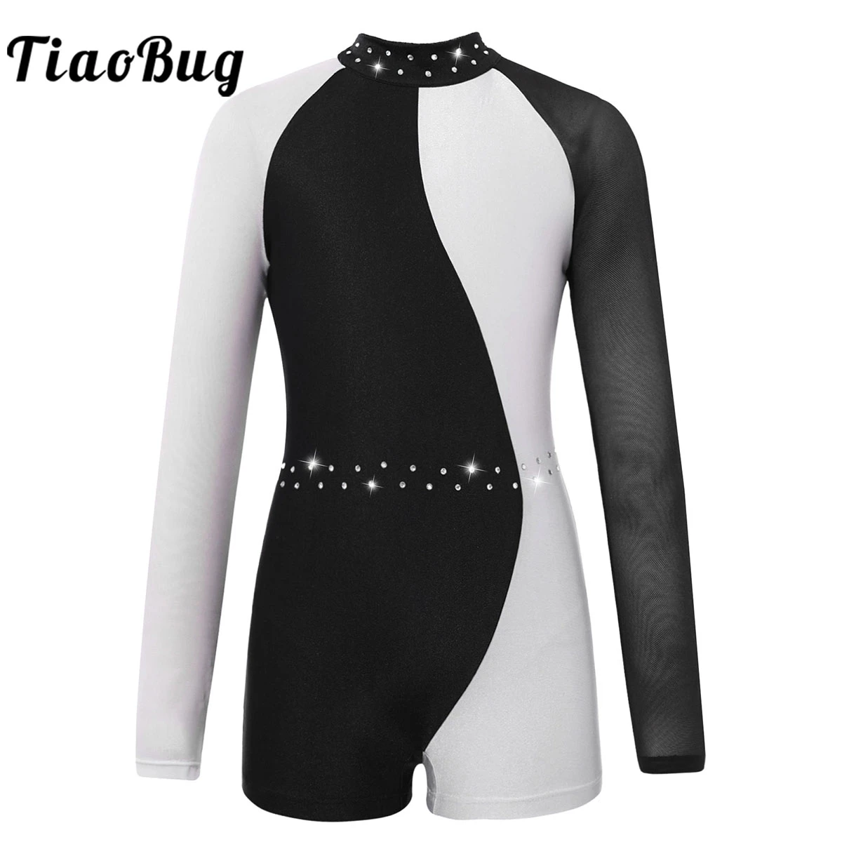 Kids Girls Gymnastics Leotards Long Sleeves Shiny Rhinestones One Piece ...