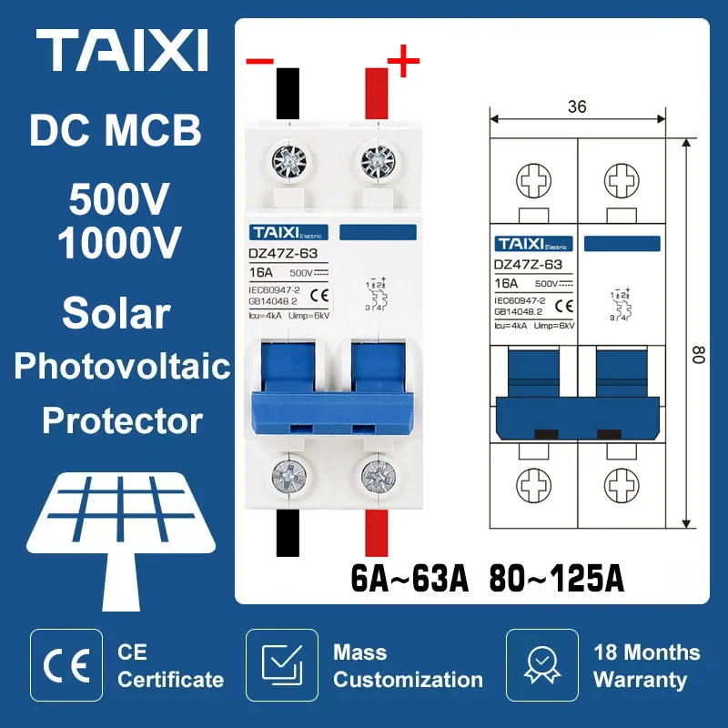 TAIXI 태양 에너지 광전지 DC 회로 차단기 PV 스위치 MCB DC250V 500V 1000V 16A 32A 40A 50A ...