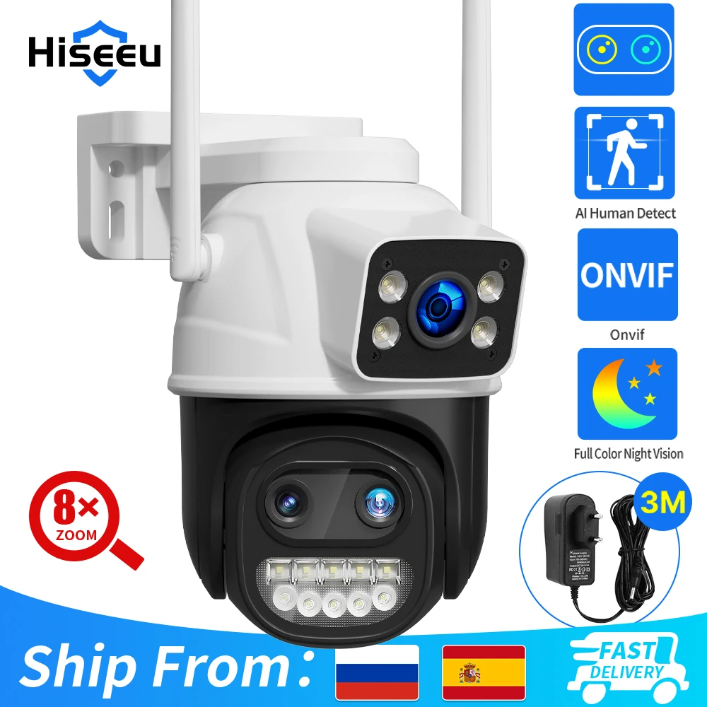 Hiseeu 9MP WIFI IP Camera Three Lens & Dual Screen With 8X Zoom PTZ ...