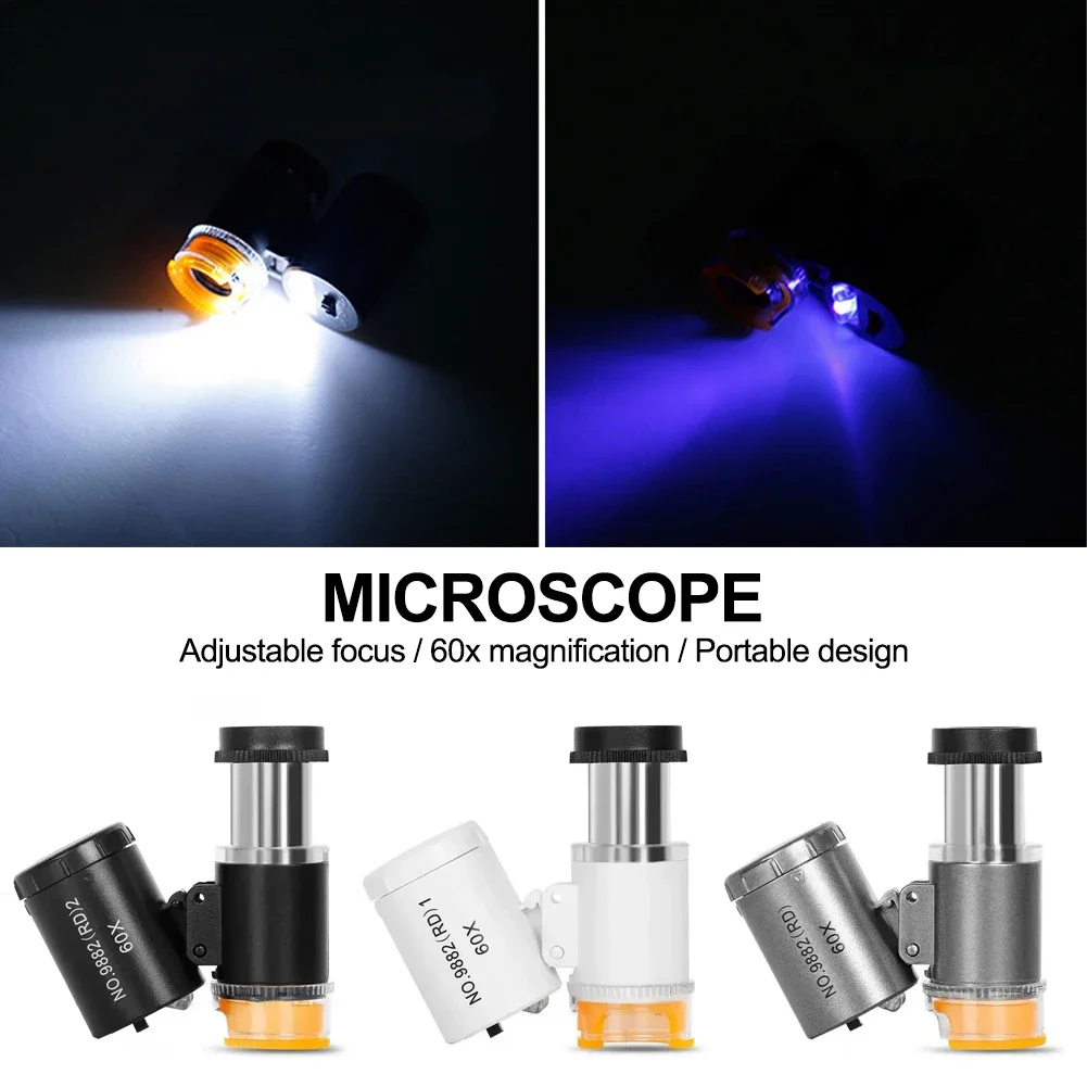 60X Mini Magnifier Pocket Microscope with LED UV Light Jewelry ...