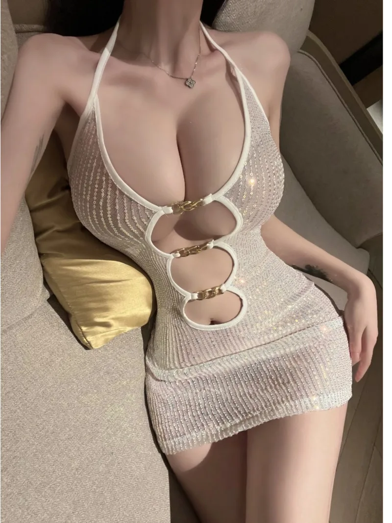 WOMENGAGA-Sequin-Mini-Dress-Tank-V-Neck-Sexy-Spicy-Girl-Hollow-Hanging-Strap-Sequin-Dress ...
