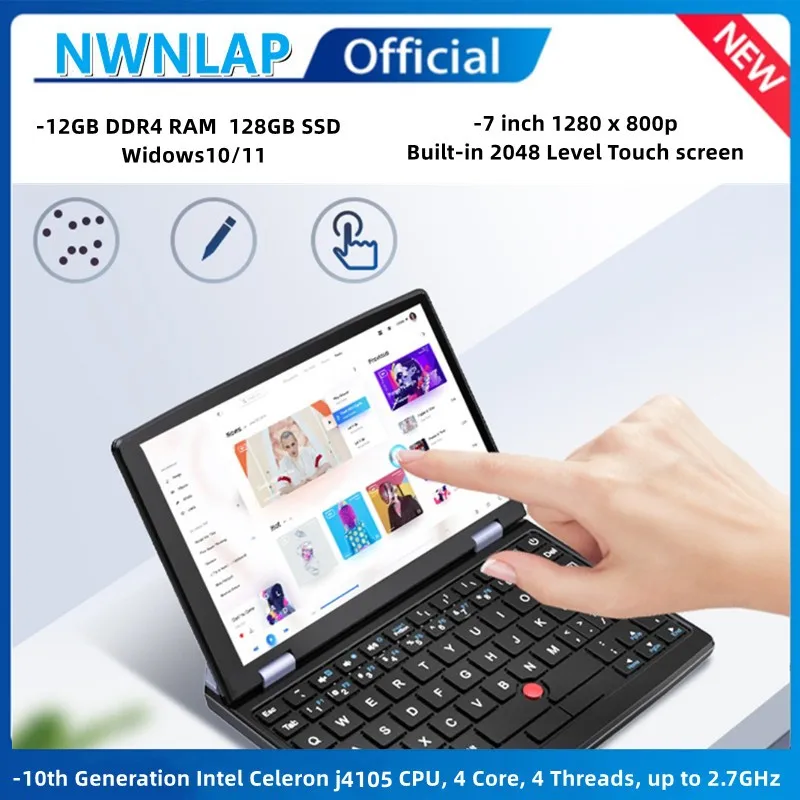 7 Inch Mini Laptop J4105 Notebook IPS Touch Screen Portable Netbook Win ...