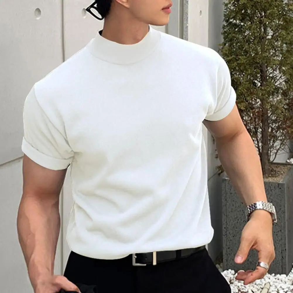 Men-T-shirt-Solid-Color-High-Neck-Men-Top-Sweat-Absorption-Dress-up ...