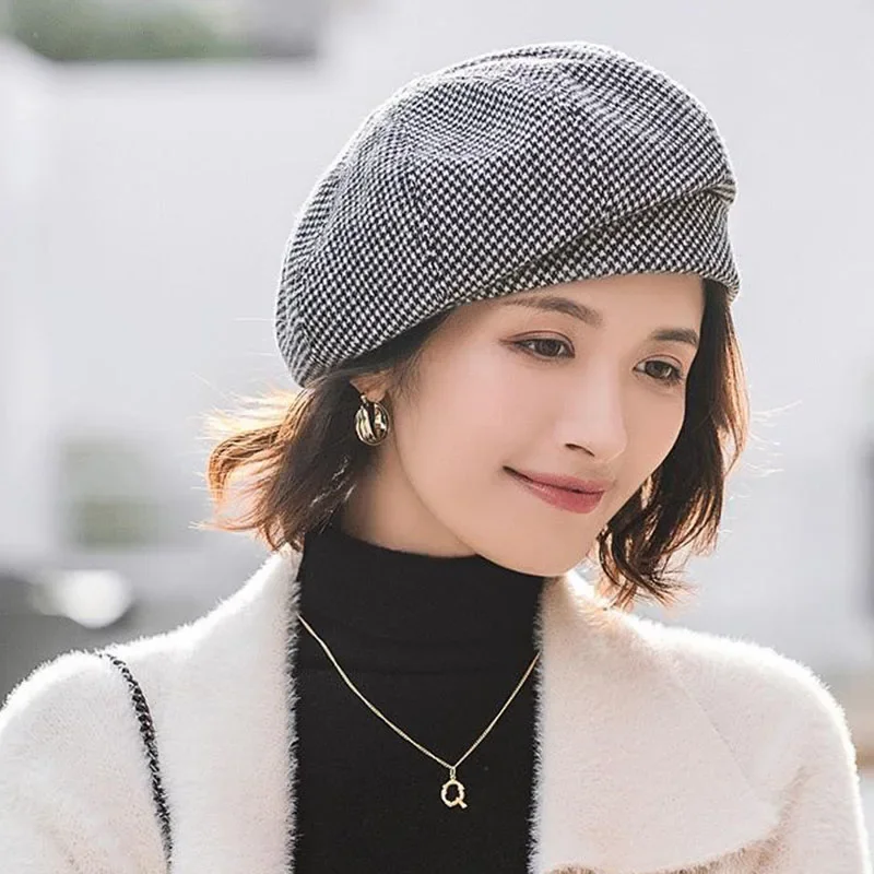 Cotton-Women-Berets-Winter-Hats-Vintage-French-Plaid-Top-Military-Cap ...
