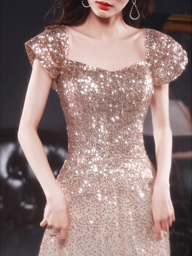 Shiny-Cocktail-Dresses-Champagne-Gold-Cap-Sleeve-Lace-Up-Seqined-A-Line ...