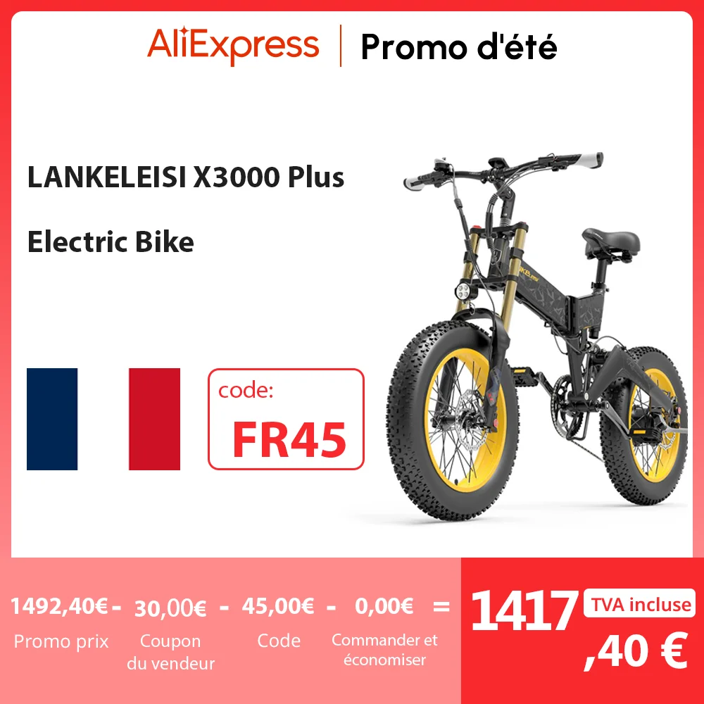 LANKELEISI X3000 Plus Folding Electric Mountain Bike Big Fork 48V 1000W ...