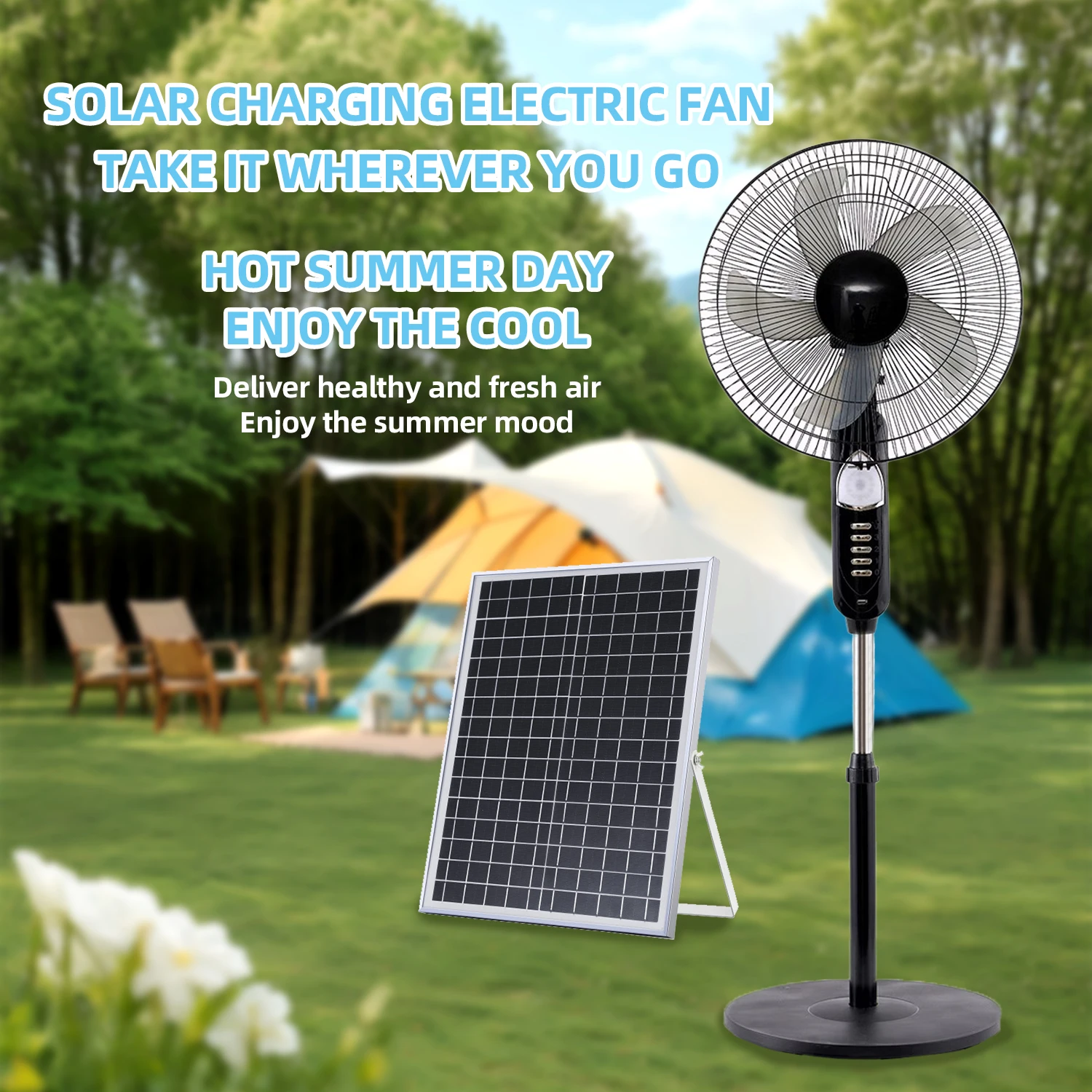 Portable Standing Fan with Solar Panel, Battery & Solar Powered Fan, 3 ...