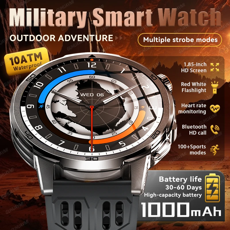 New Military Adventure Smartwatch Men 1000mAh Big Battery Red White ...