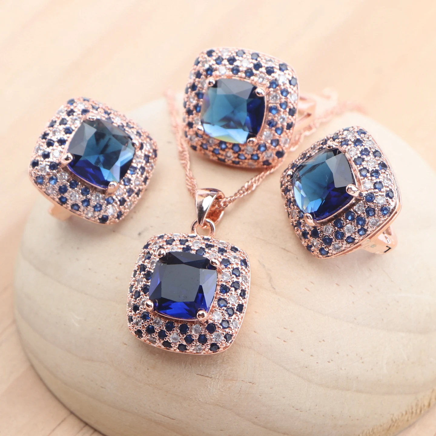 925 Silver Bridal Jewelry Sets Rose Gold Color Blue Zircon For Women ...
