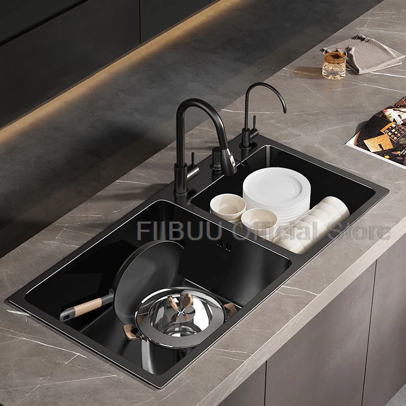 Large-Capacity-Thickened-Handmade-Double-Sink-Black-Stainless-Steel ...