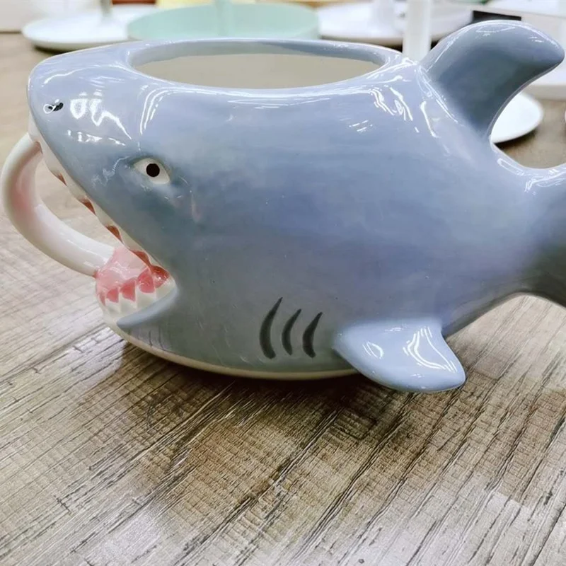 New Creative Shark Coffee Cup Blue Ceramics Mug Cup Handle Cartoon Mug ...