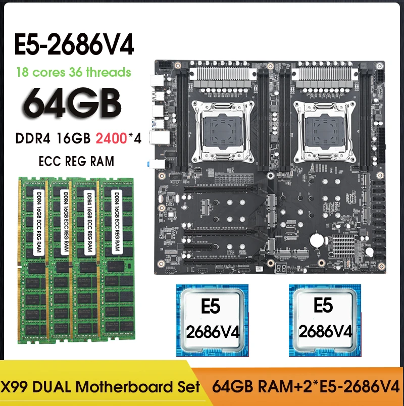 X99 Dual Motherboard Set combo Kit XEON E5 2686 V4 CPU and 4*16G= 64GB ...