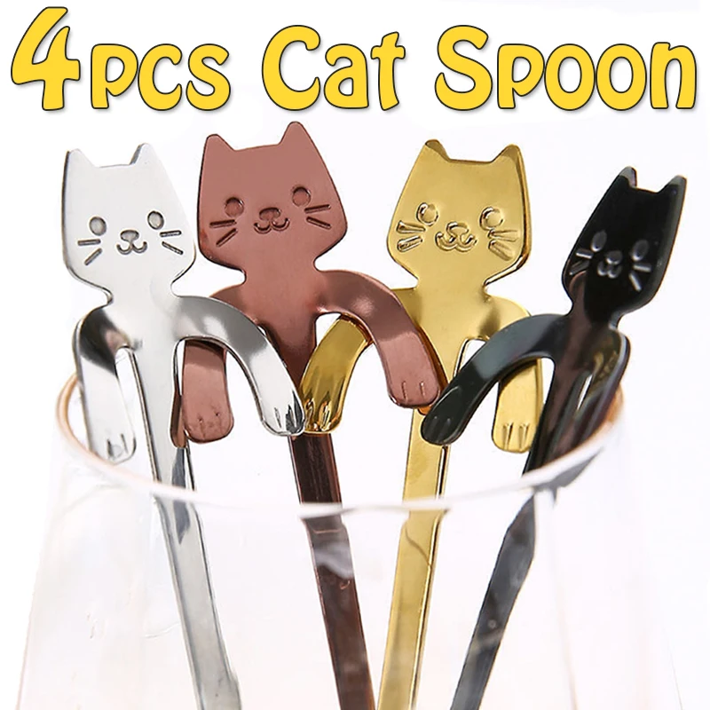 4/1pcs Cute Cat Coffee Spoon Cartoon Stainless Steel Teaspoons Dessert ...