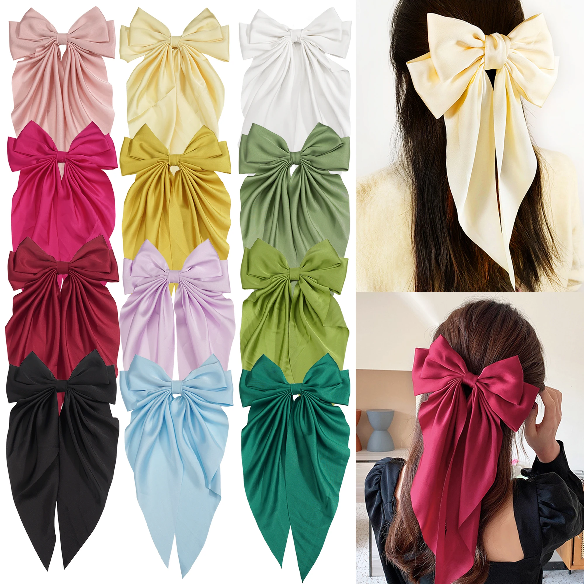 4pcs-Set-Solid-Color-Satin-Ribbon-Bows-Hairpin-Spring-Clips-Hair ...