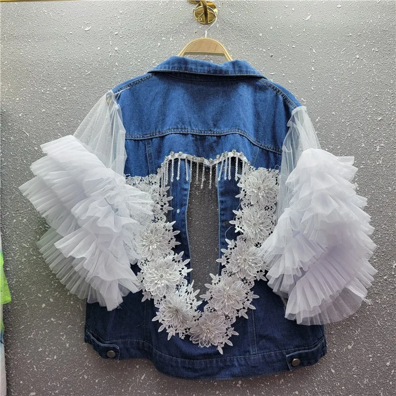Tassels Lace Sticthing Denim Vest Coat Back Love Hollow Diamonds ...