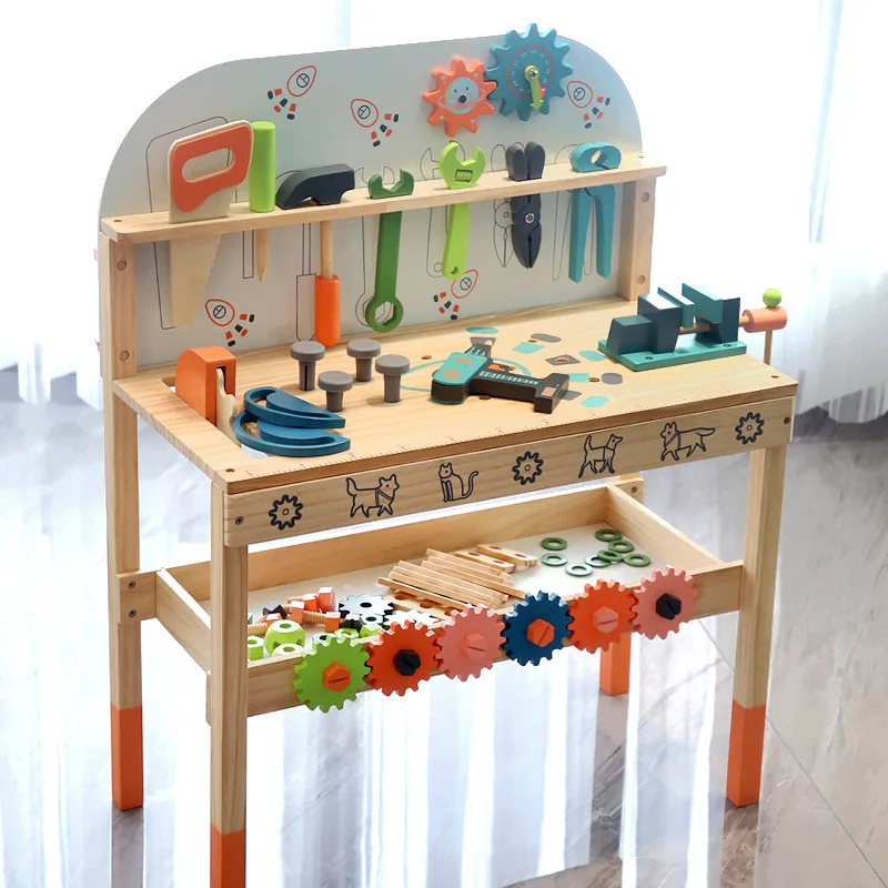 Wooden makeshift tool table for children's simulation maintenance ...