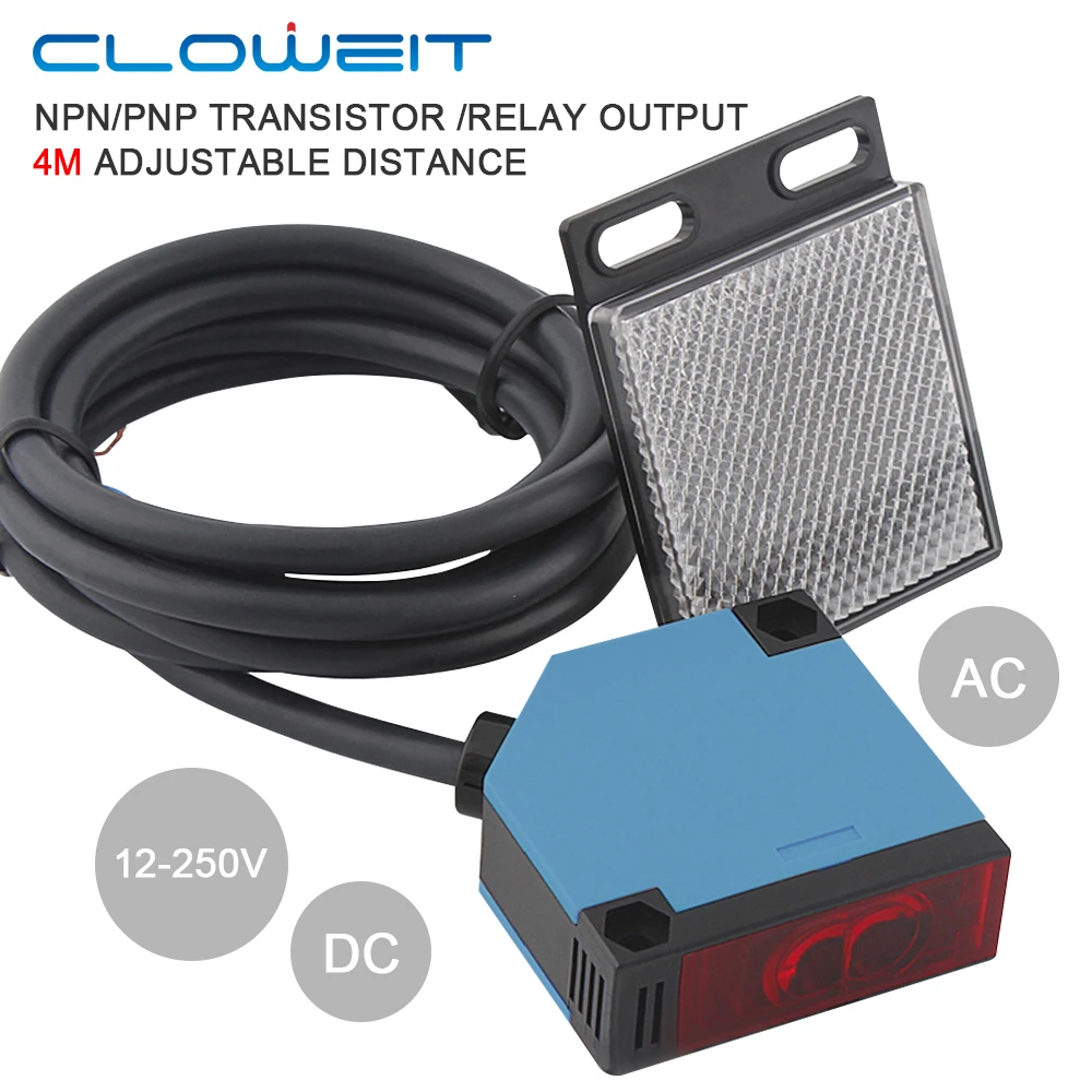 Cloweit DC24V AC250V Relay Output 4m Retro Reflective Photo Electric Proximity Sensor Switch 12 ...